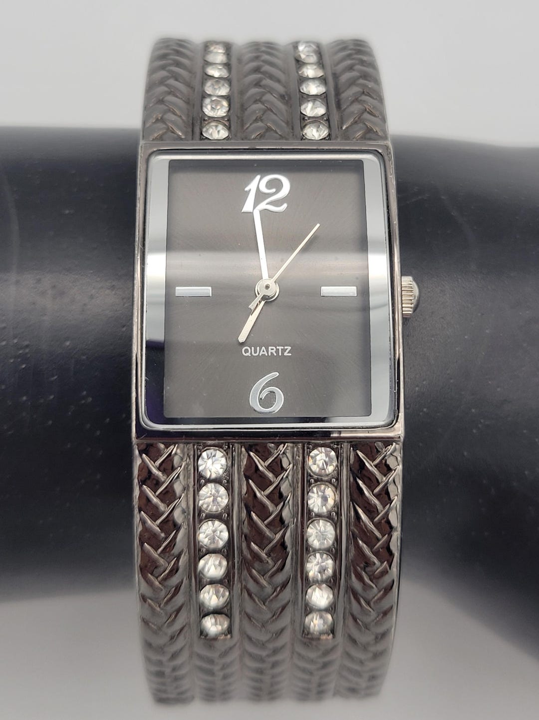 Vintage Black Gunmetal Braided Texture Ladies Cuff Watch With ...