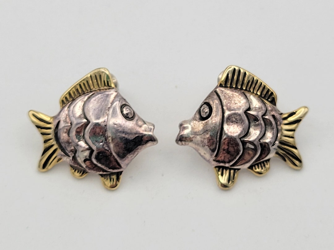Vintage Whimsical Two Tone Kissing Fish Stud Earrings Costume Jewelry ...