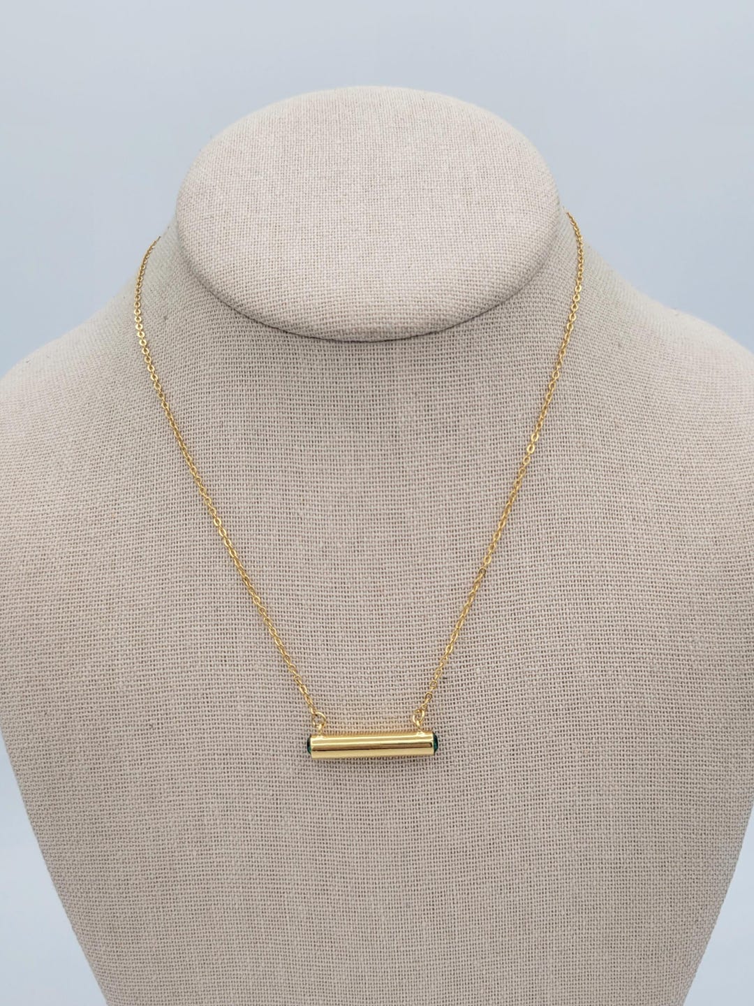 Vintage Gold Tone Chrome Finished Barrel Pendant Necklace With Emerald ...