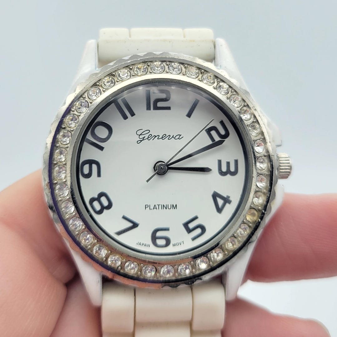 Geneva Platinum White & Silver Tone Rhinestones Ladies Watch With ...