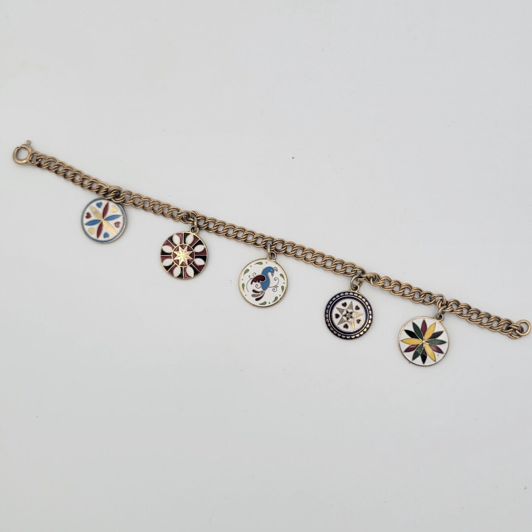 Vintage Pennsylvania Dutch Hex Signs Charm Bracelet Brass & Enamel ...