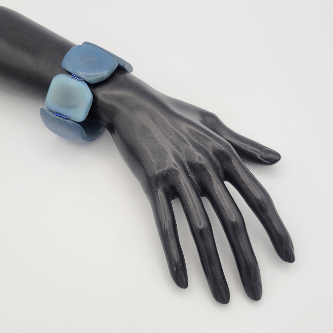 Vintage Blue Plastic Faux Stone Wide Cuff Stretch Bracelet Costume ...