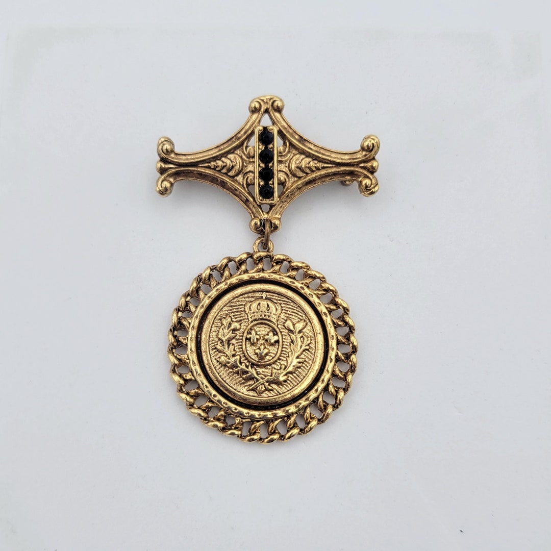 Vintage Gold Tone Crest Medallion Bar Brooch With Black Rhinestones ...
