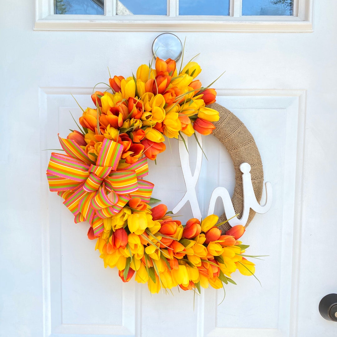 Tulip Spring Wreath, Tulip Wreath for Front Door, Orange Tulip Wreath ...
