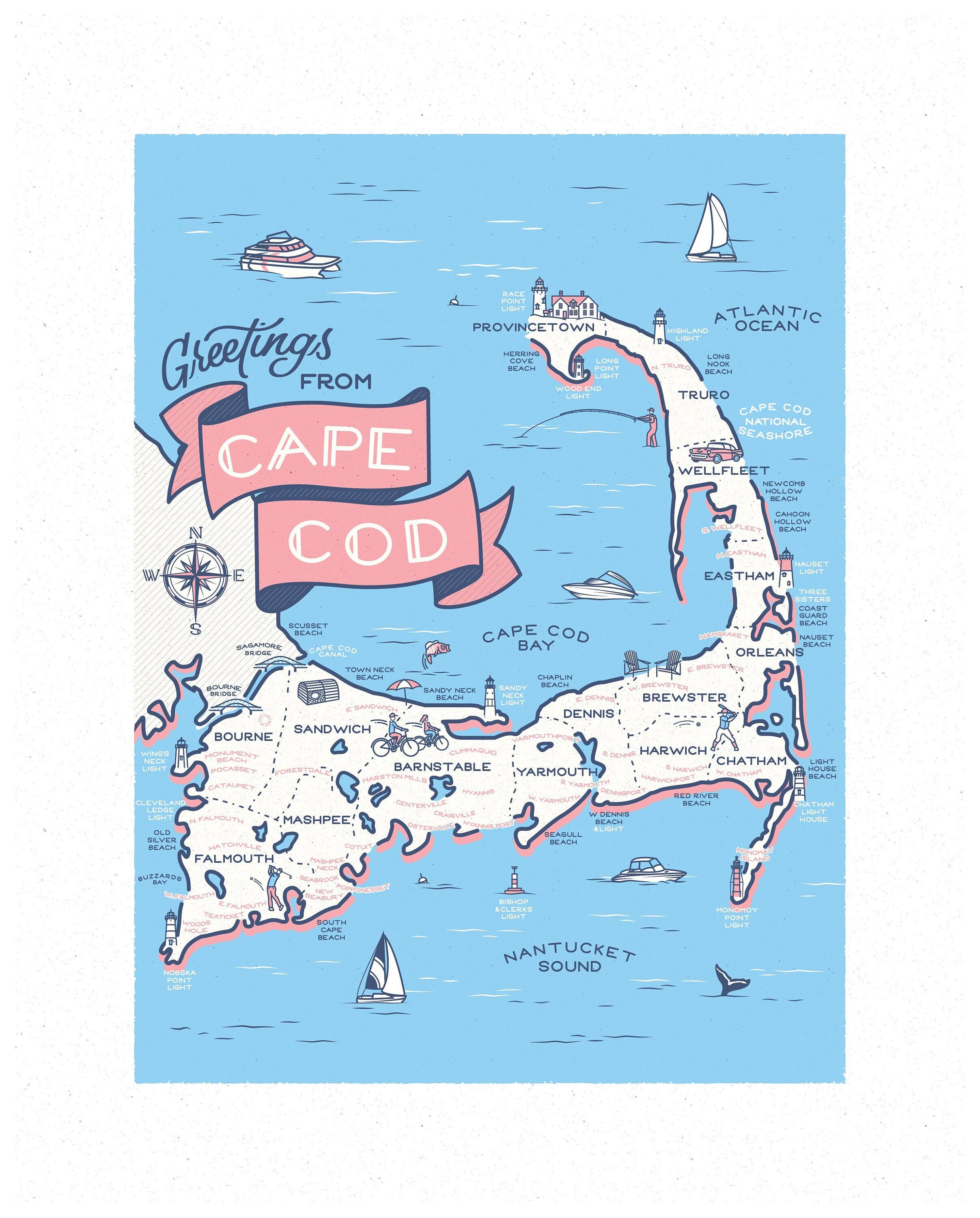 Cape Cod Map, Giclee Art Print, New England Coastal Home Decor ...