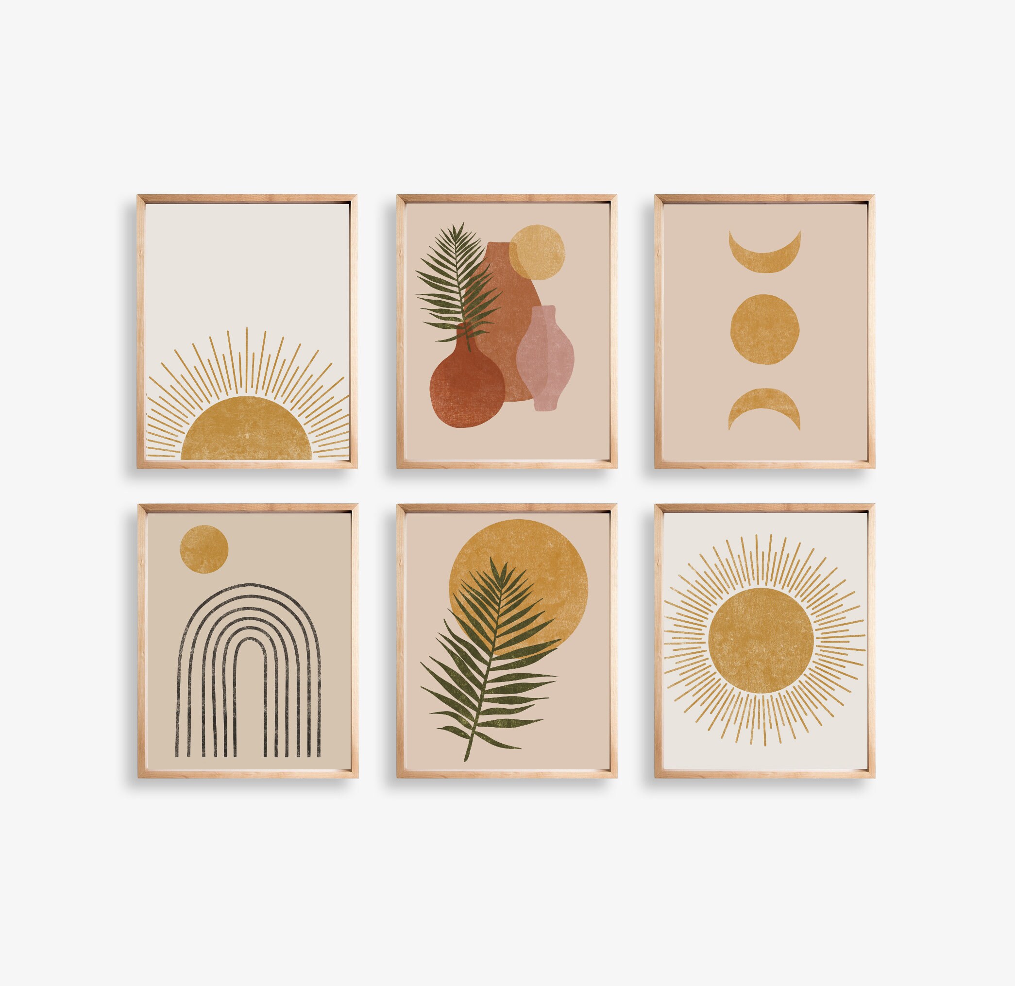 Set of 6 boho prints sun print botanical abstract mid | Etsy