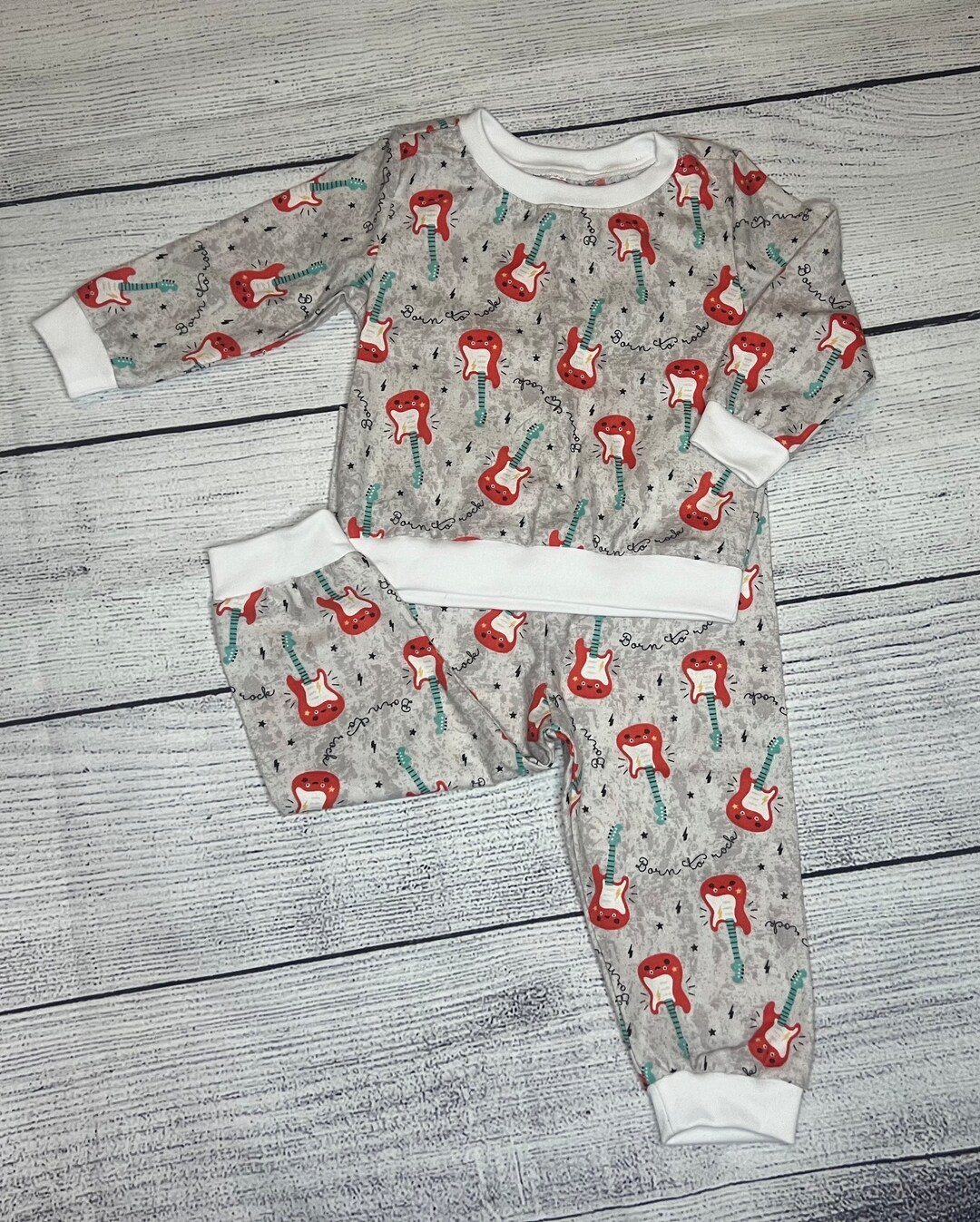 Rock N Roll Guitar Flannel 2 Piece Pajamas, Nightgown, 2 Piece With ...