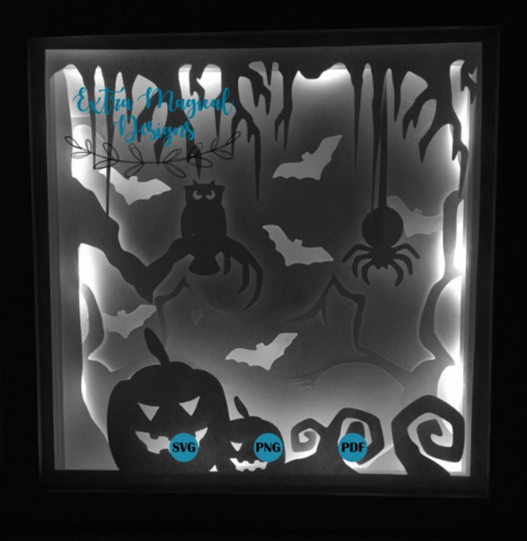 Halloween Owl Spider and Pumpkins Paper Cut Light Box 3D Shadow Box ...