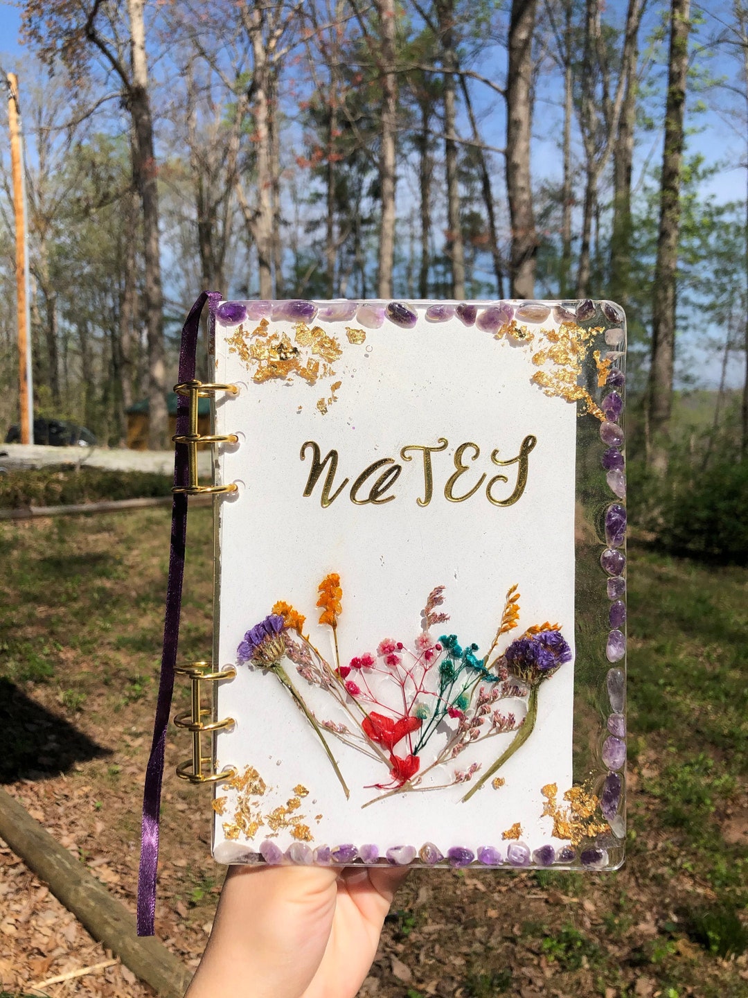 CLEARANCE* Resin Cover Notebook With Real Amethyst Stones, Gold Flakes ...