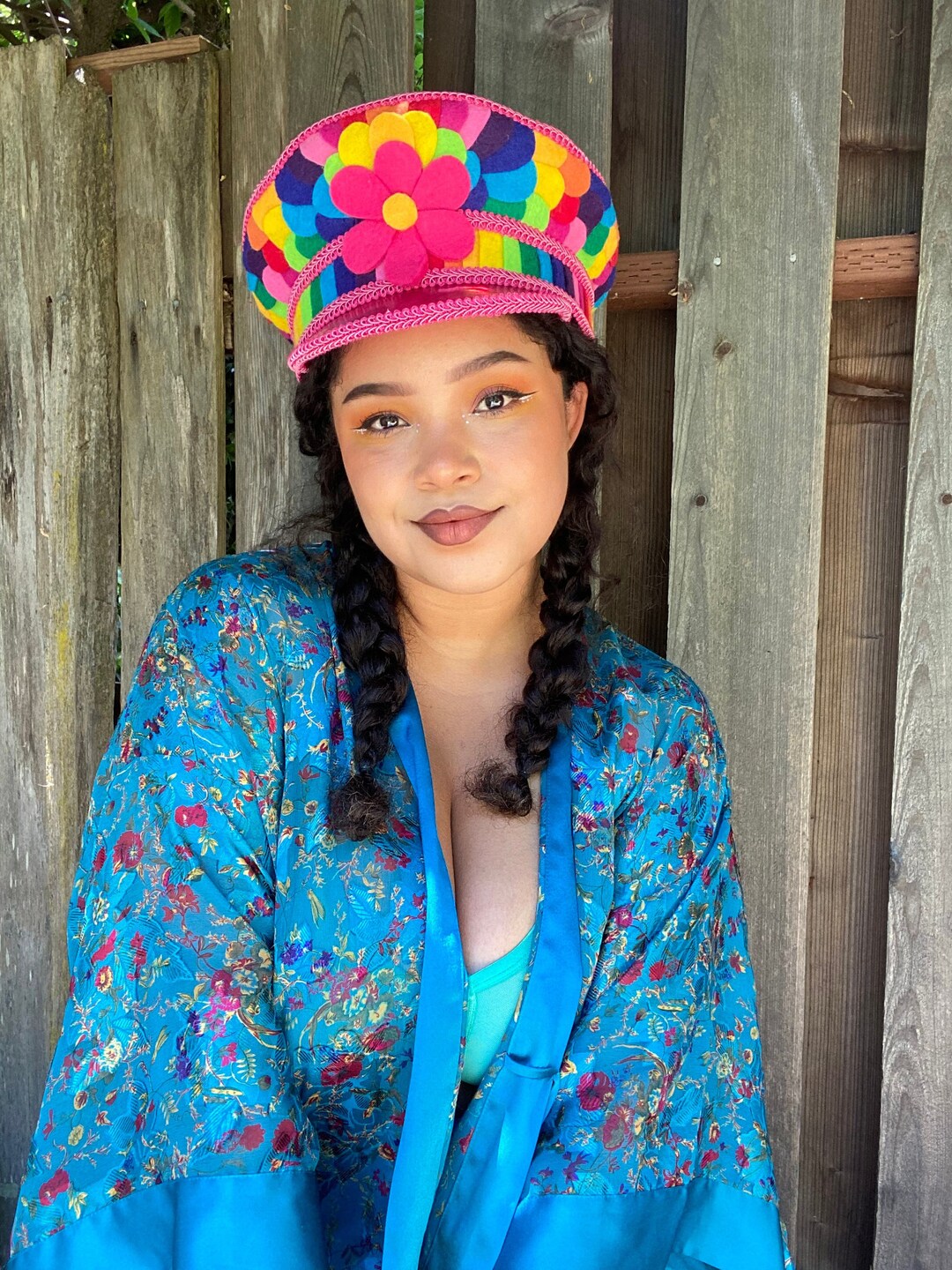 Flower Power Rainbow Daisy Festival Retro Rave Captain Hat Wearable Art ...
