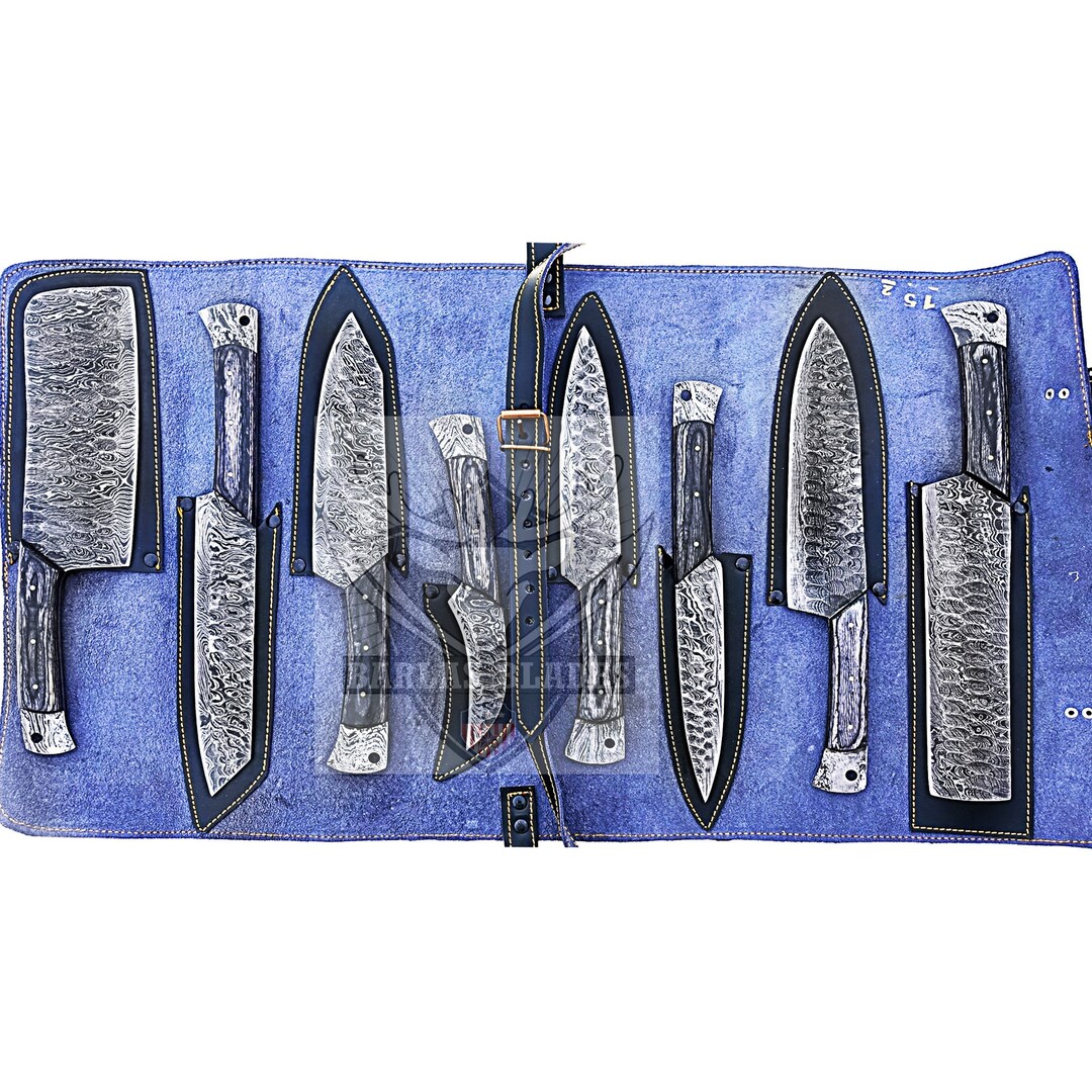 BBQ Damascus Chef Knife Set 8 Pcs, Kitchen Knife Set, Unique Handles ...