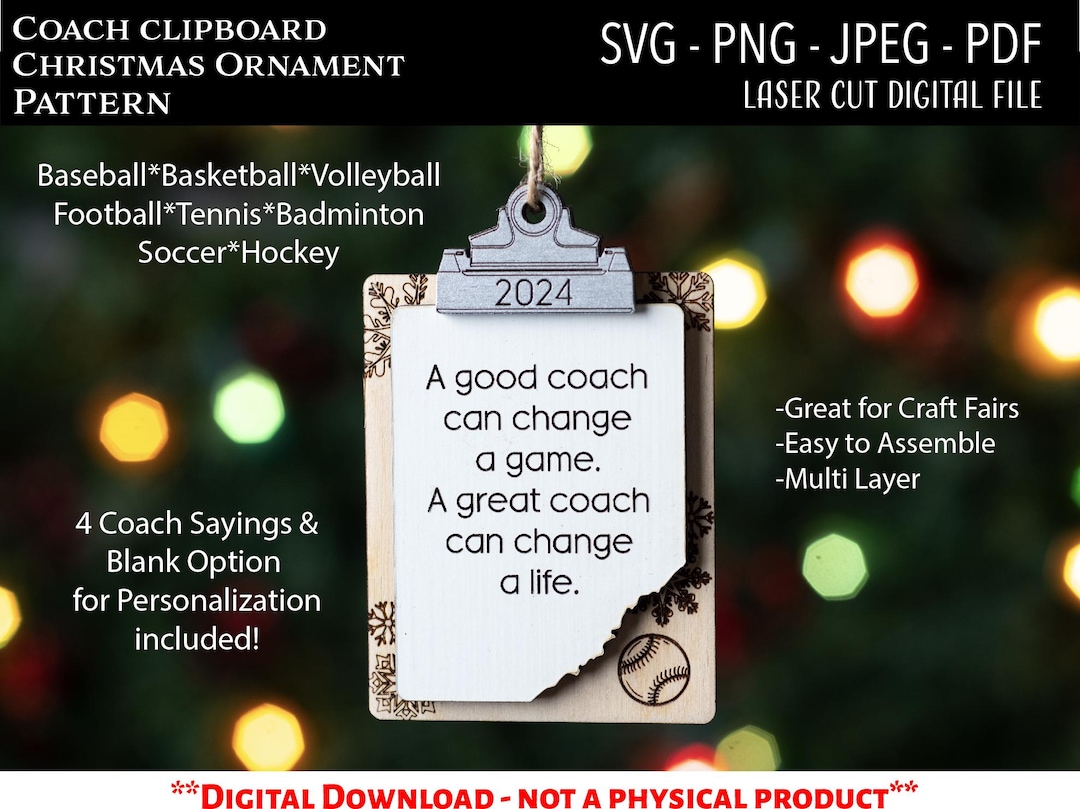Laser Cut Digital File, Coach Clipboard Sports Christmas Ornaments SVG ...