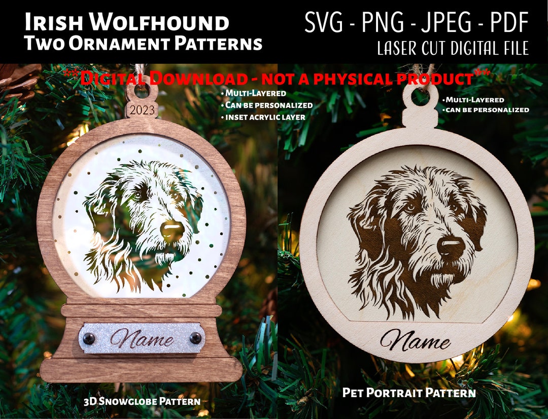 Irish Wolfhound Ornament Laser Cut File: 3D Snowglobe & Portrait ...