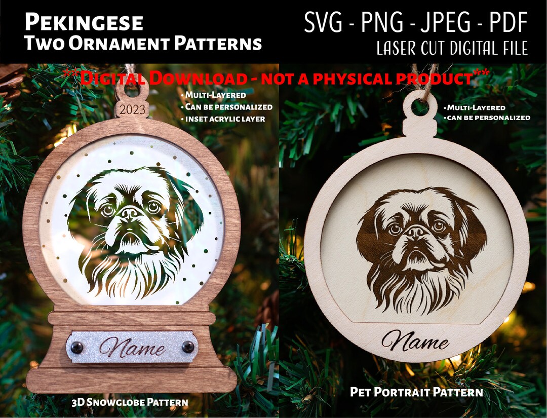 Pekingese Christmas Ornament Laser Cut File: Snowglobe & Portrait ...