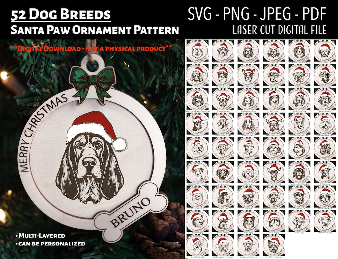 Laser Cut File / Christmas Ornament Digital File / Santa Paws Dog Breed ...