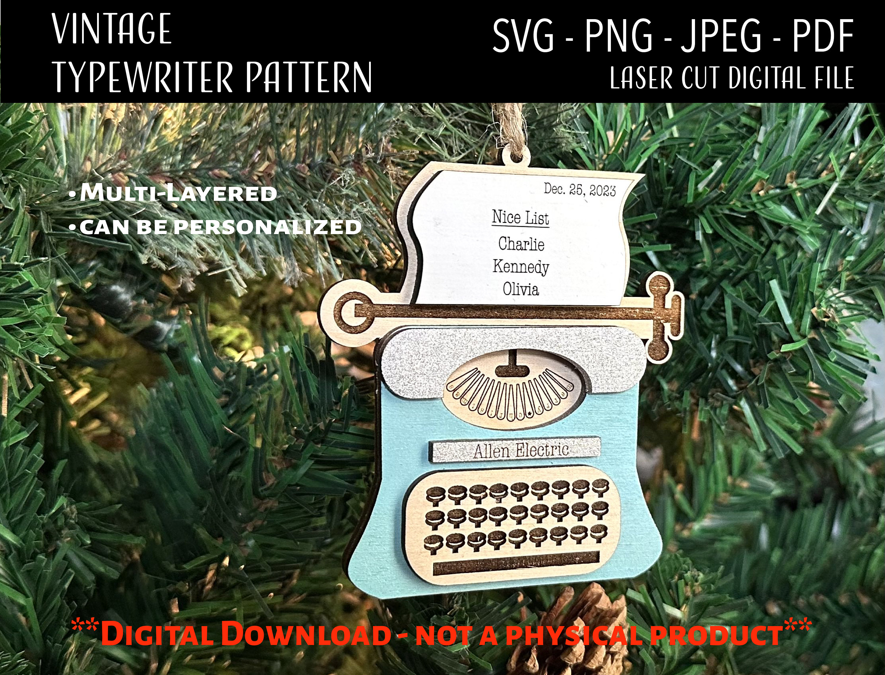 Laser Cut Digital File / Retro Typewriter Family Christmas Ornament SVG ...