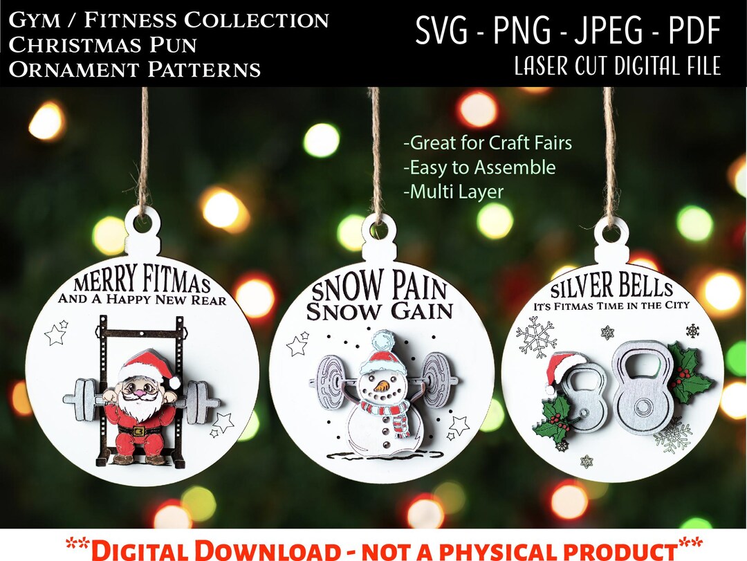Laser Cut Digital File, Funny Gym Christmas Ornaments SVG, PNG ...