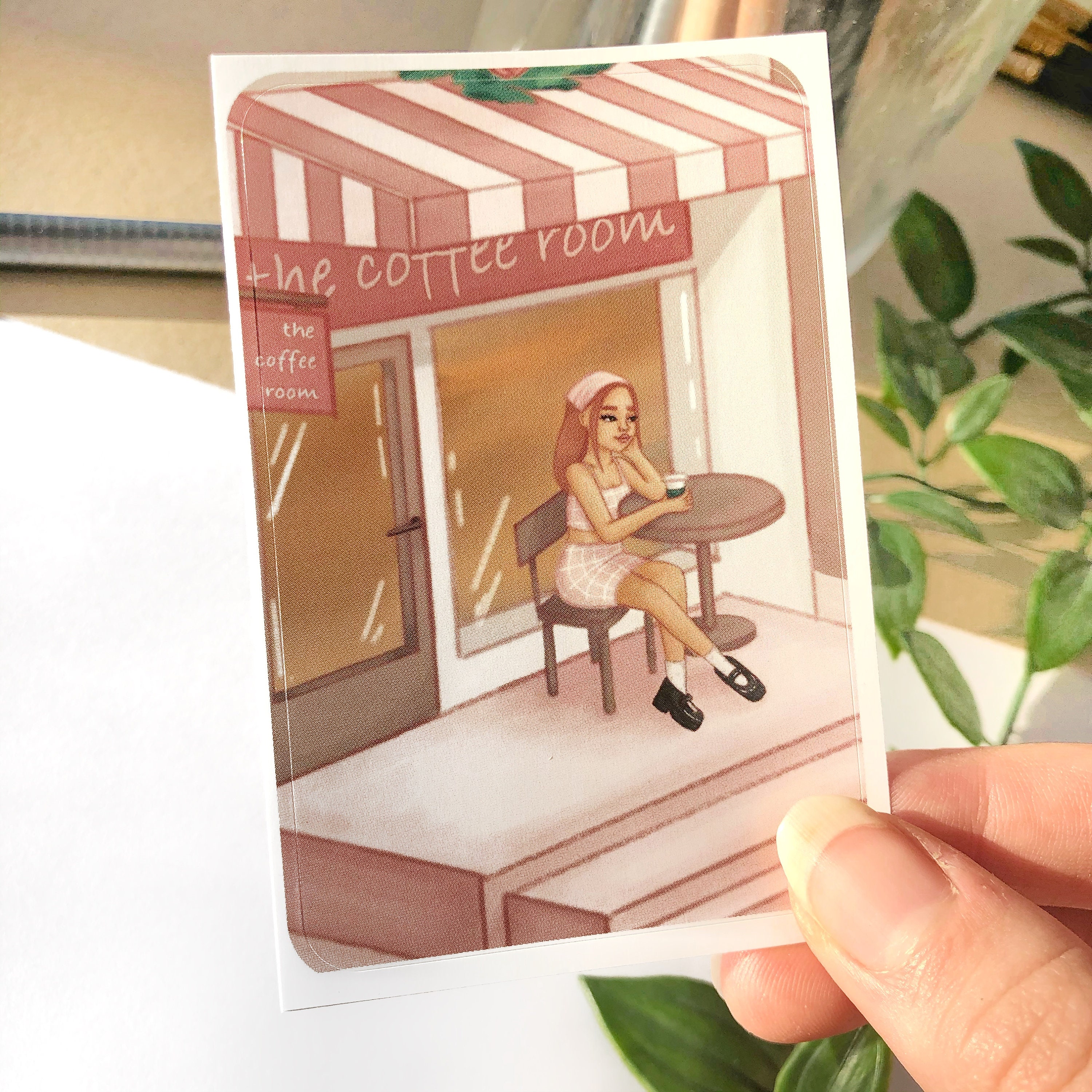 Pink Vinyl Sticker Girl Outside Coffee Shop Cafe, Brown, Fashion ...