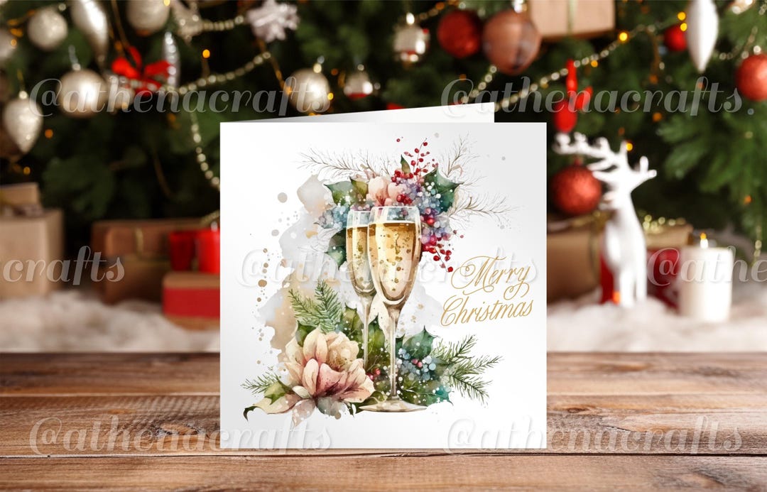 Luxury Christmas Cheer Cards Poinsietta Berries Holly and Wine Glass ...