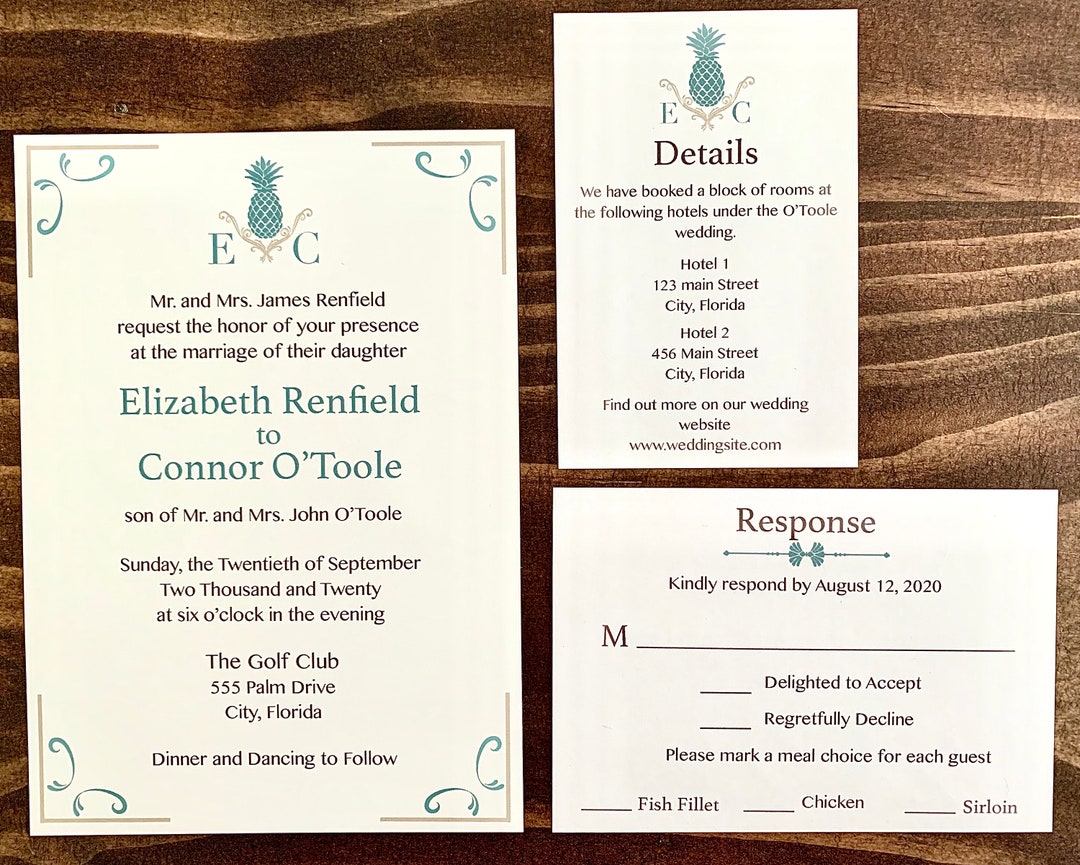 Colonial Pineapple Wedding Suite,invitations,rsvp,detail Card Printed ...