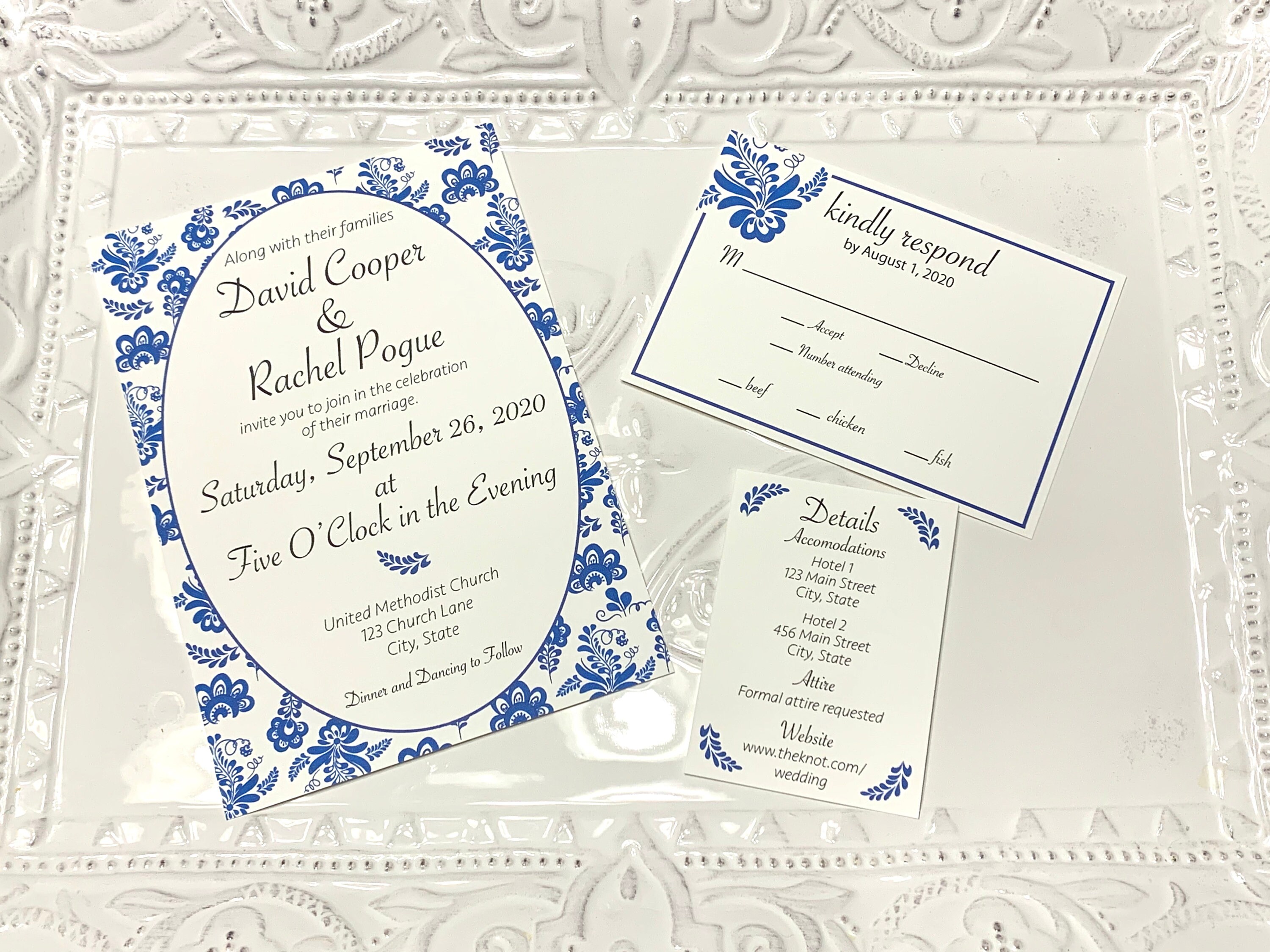 Dutch Blue Pattern Wedding Invitation Suit, Printed RSVP, Detail Card ...