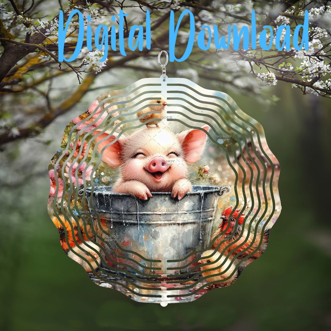 Whimsical Pig and Chickens Wash Tub Wind Spinner - Digital Design ...