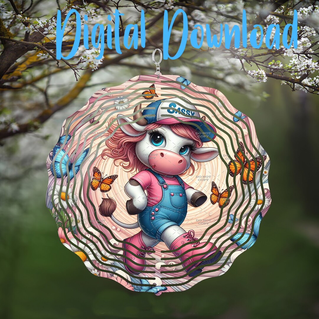 Sassy Cartoon Cow Daisies and Butterflies Wind Spinner Digital Design ...