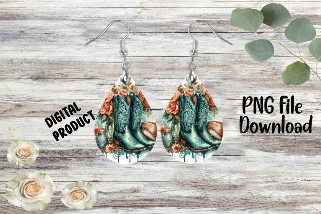 Country Cowboy Teal Boots - Sublimation Earring Designs Template - PNG ...