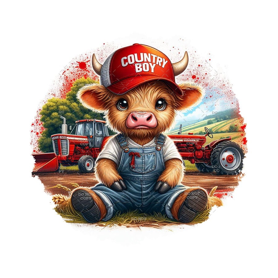 Highland Cow Country Boy Farm Scene | Red Tractor | PNG Digital ...