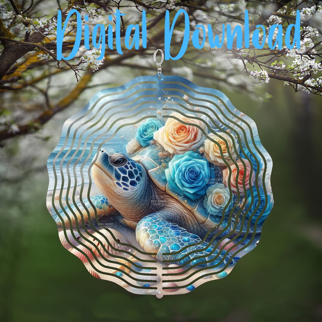 Sea Turtle Blue and Peach Flowers Wind Spinner Digital Design Download ...