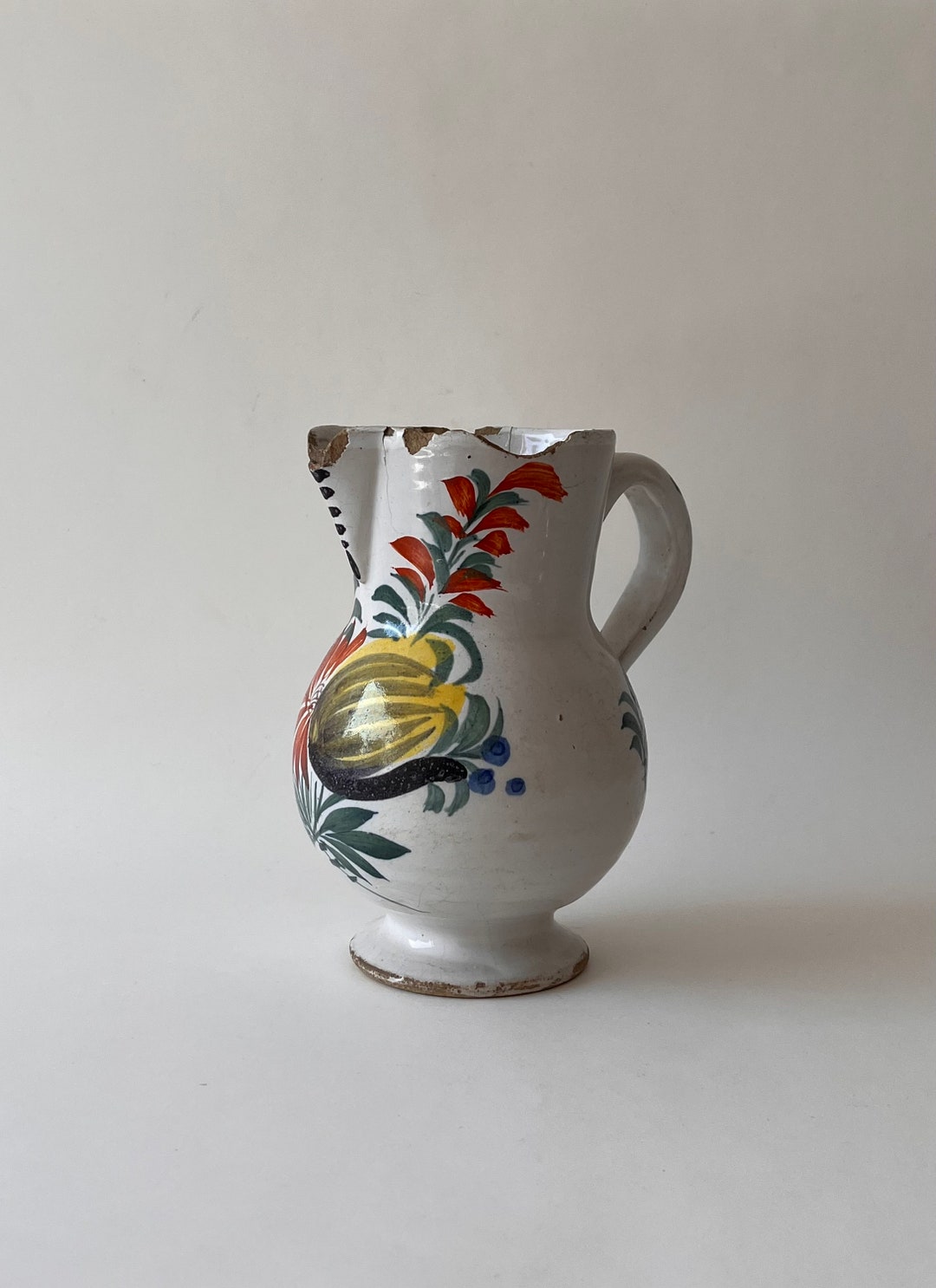 Antique French Pitcher, Hand Painted. Staple Repair - Etsy