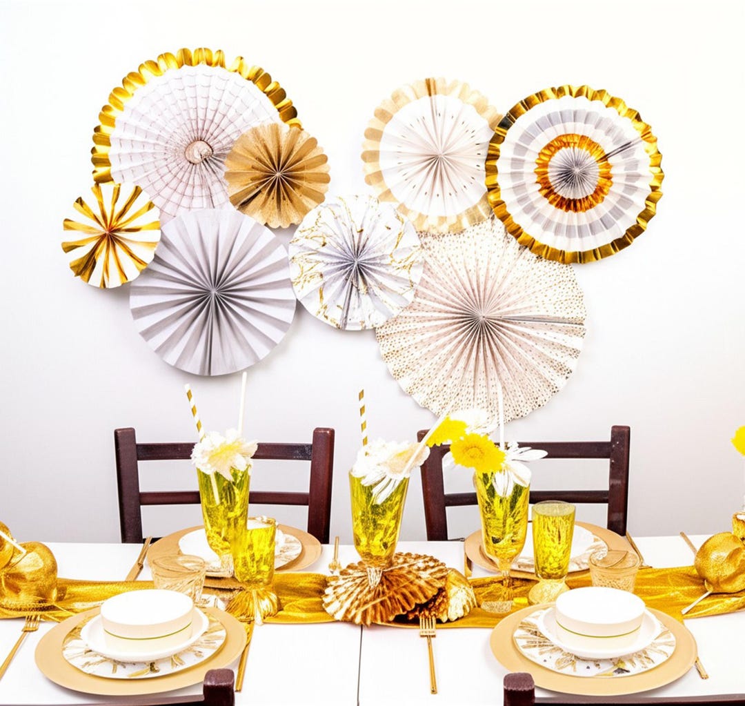 Papakit Paper Fans Party Wall Decoration Set (ivory & Marble - Metallic ...