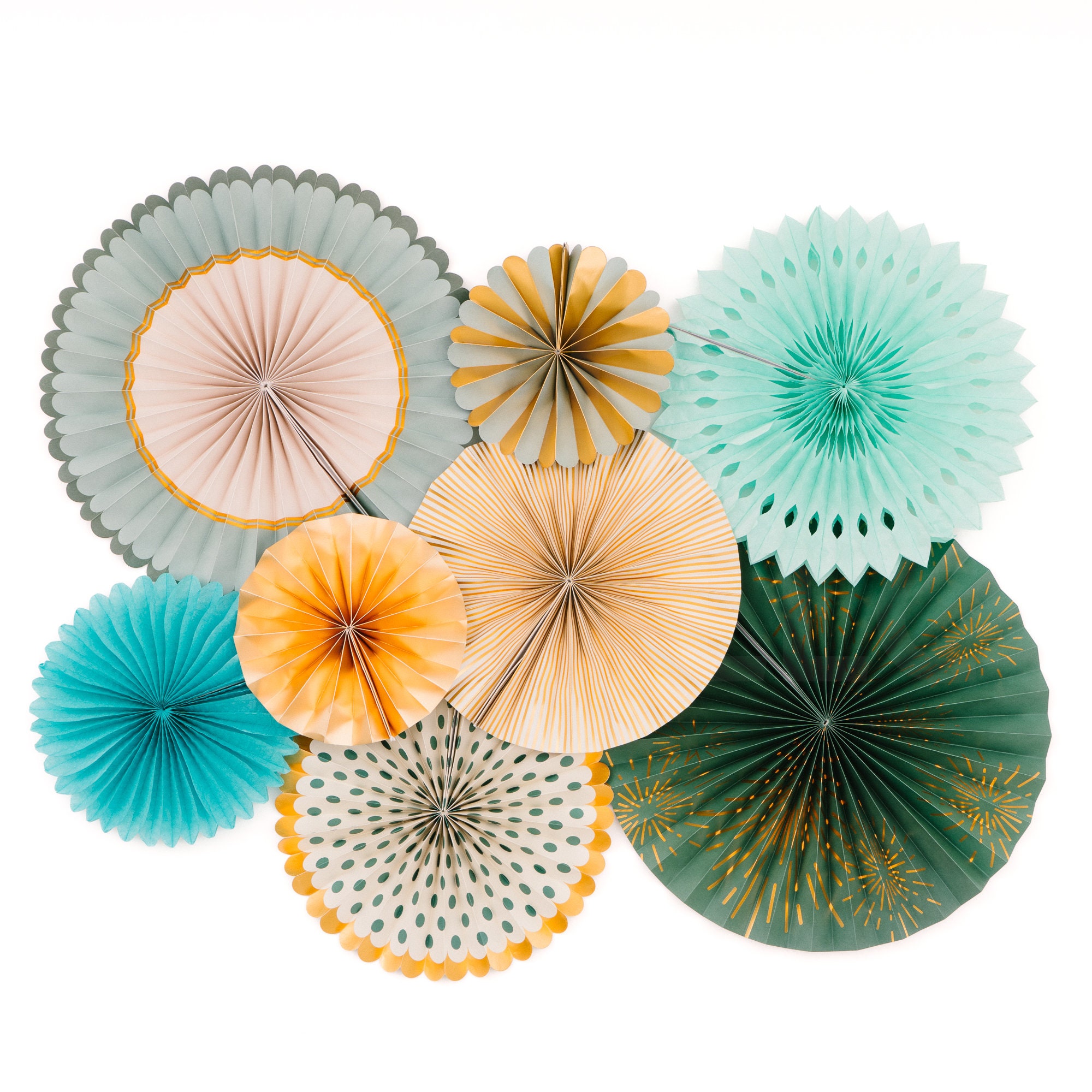 Papakit Paper Fans Party Wall Decoration Set sage Green With Metallic ...