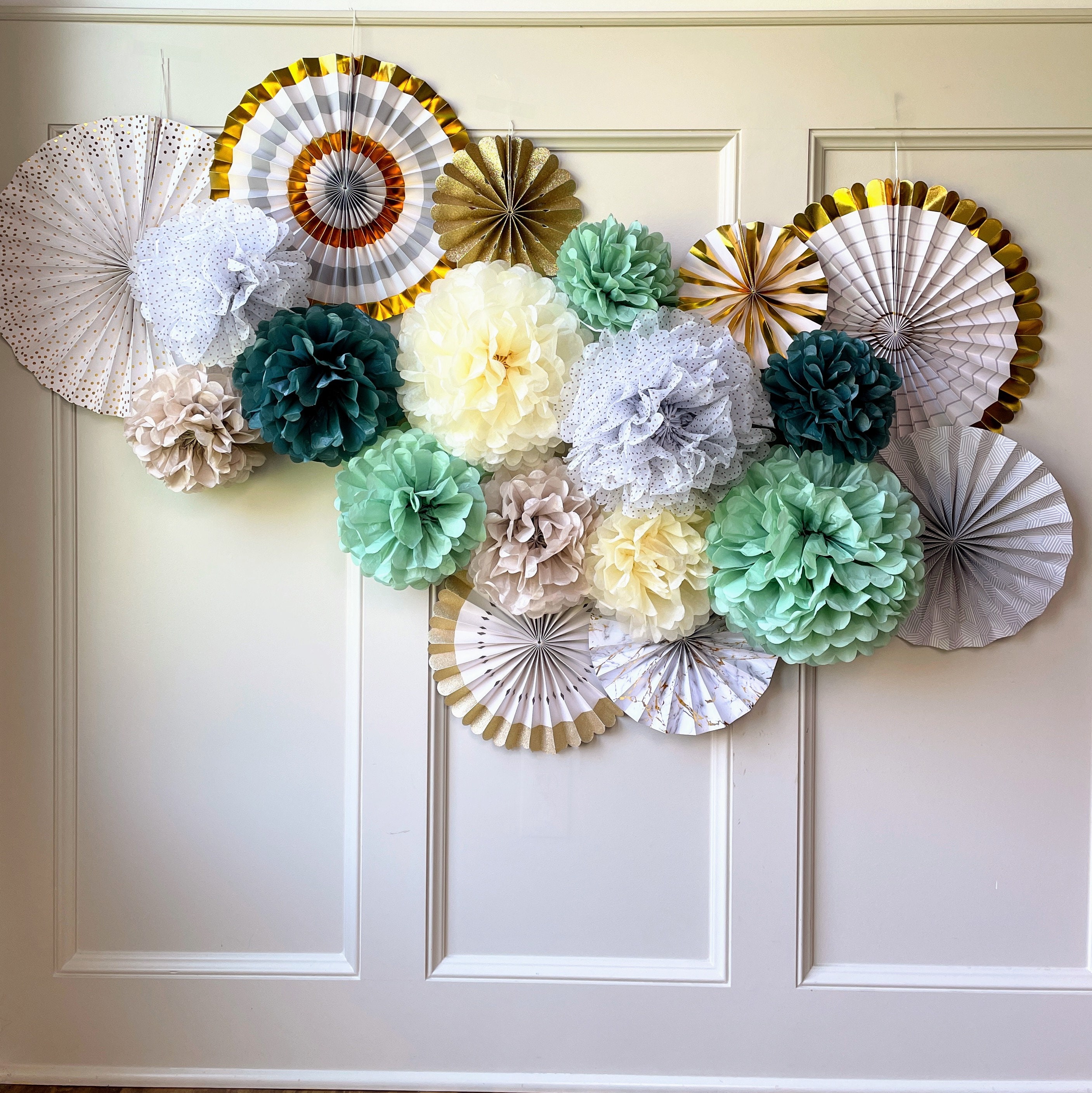 Papakit Paper Fans Party Wall Decoration Set (ivory & Marble - Metallic ...