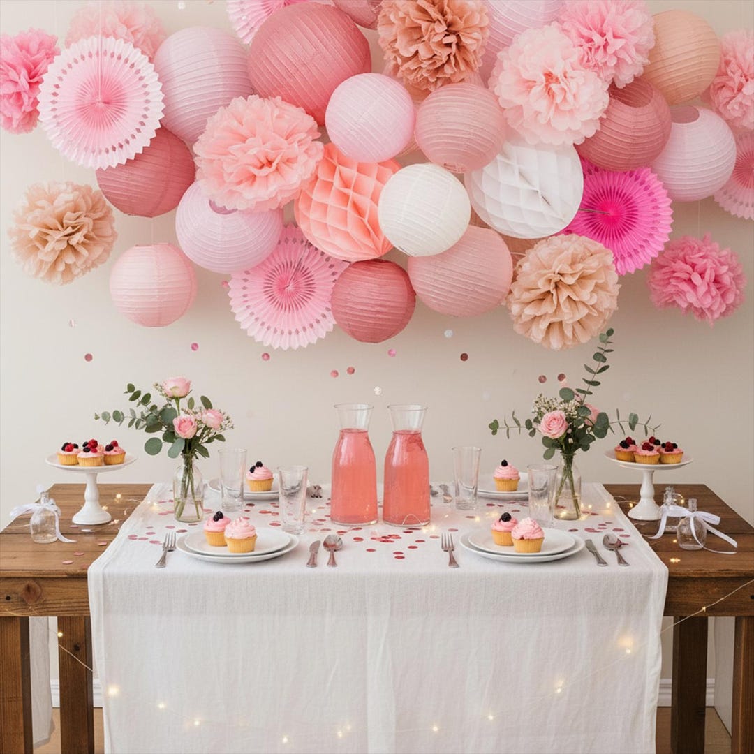 Blush Rose Pink Party Decoration Set: Paper Lanterns, Fans, Pom Poms ...