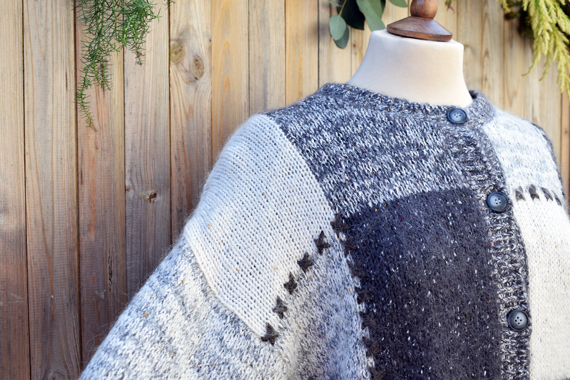 90s Grey Patchwork Chunky Knit Cardigan Longline Oversized Button up ...