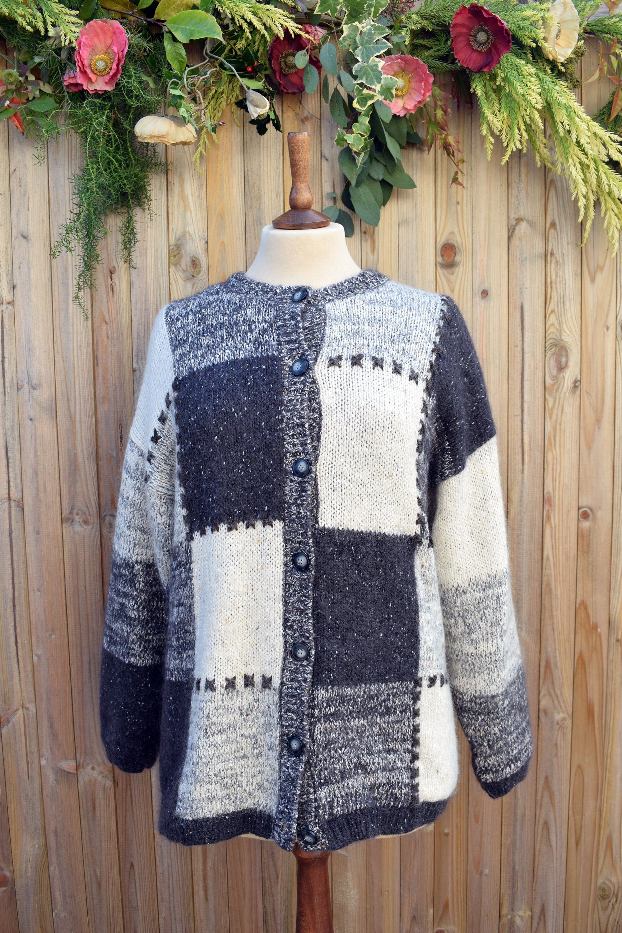 90s Grey Patchwork Chunky Knit Cardigan Longline Oversized Button up ...