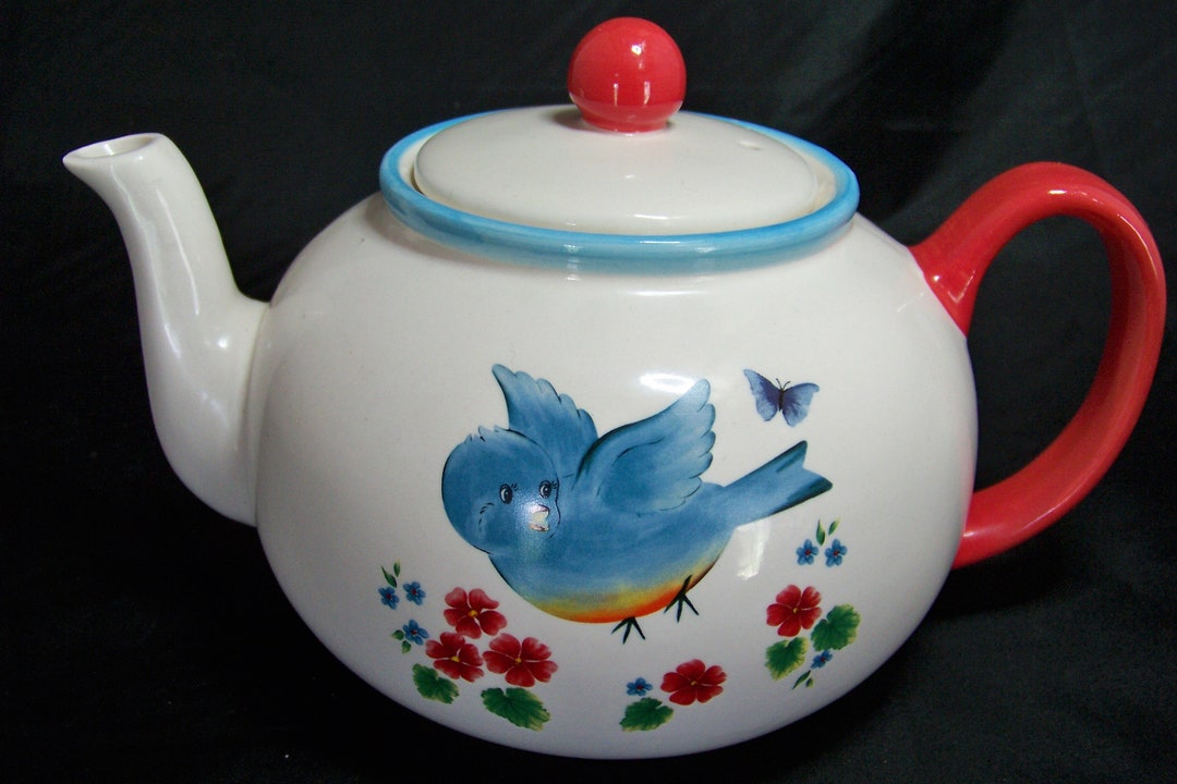 Blue Bird Teapot From Fishs Eddy NY Colorful Chubby Blue Bird Flowers ...