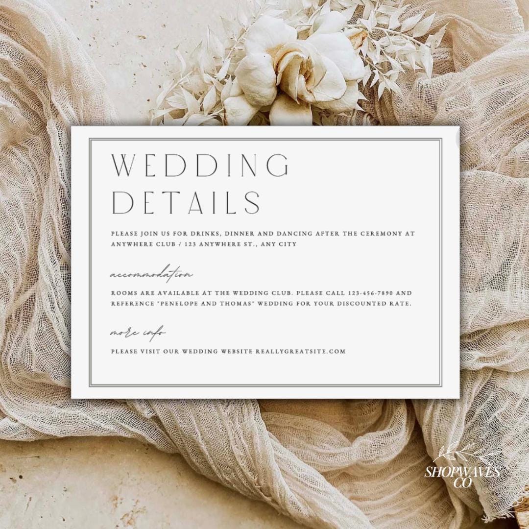 Minimalist Wedding Details Card, Wedding Invitation Insert Card, Modern ...