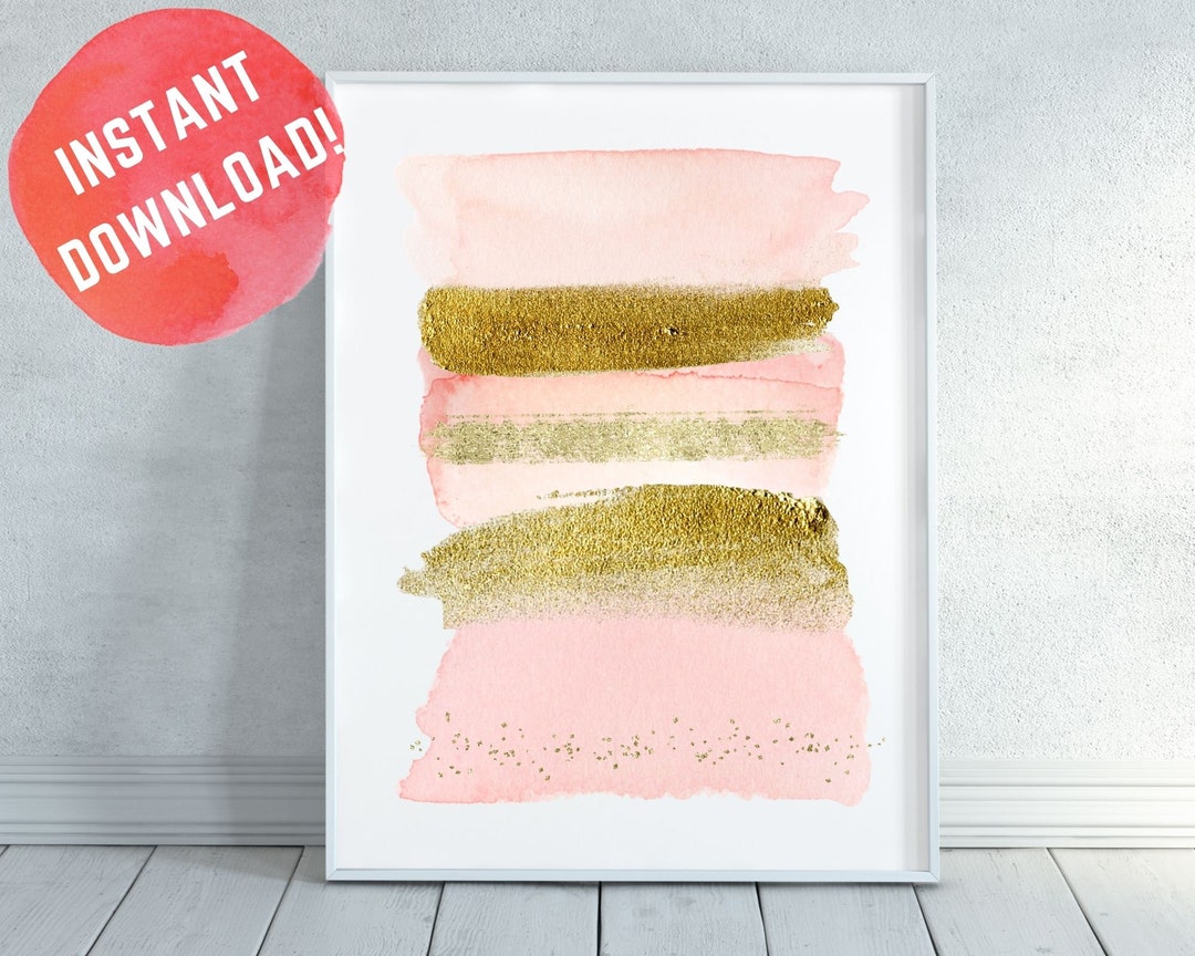 Abstract Pink and Gold Wall Art, Watercolor Brushstrokes Print, Instant ...