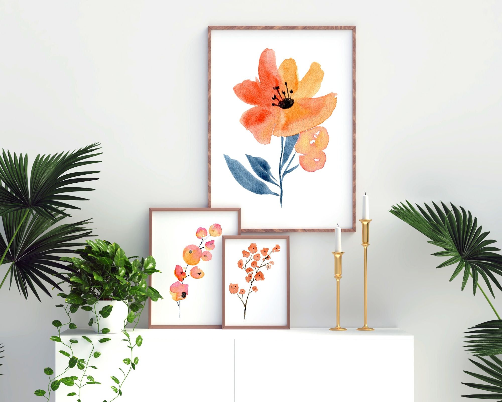 Set of 3 Coral Flower Stems Instant Download Printable Art - Instant ...