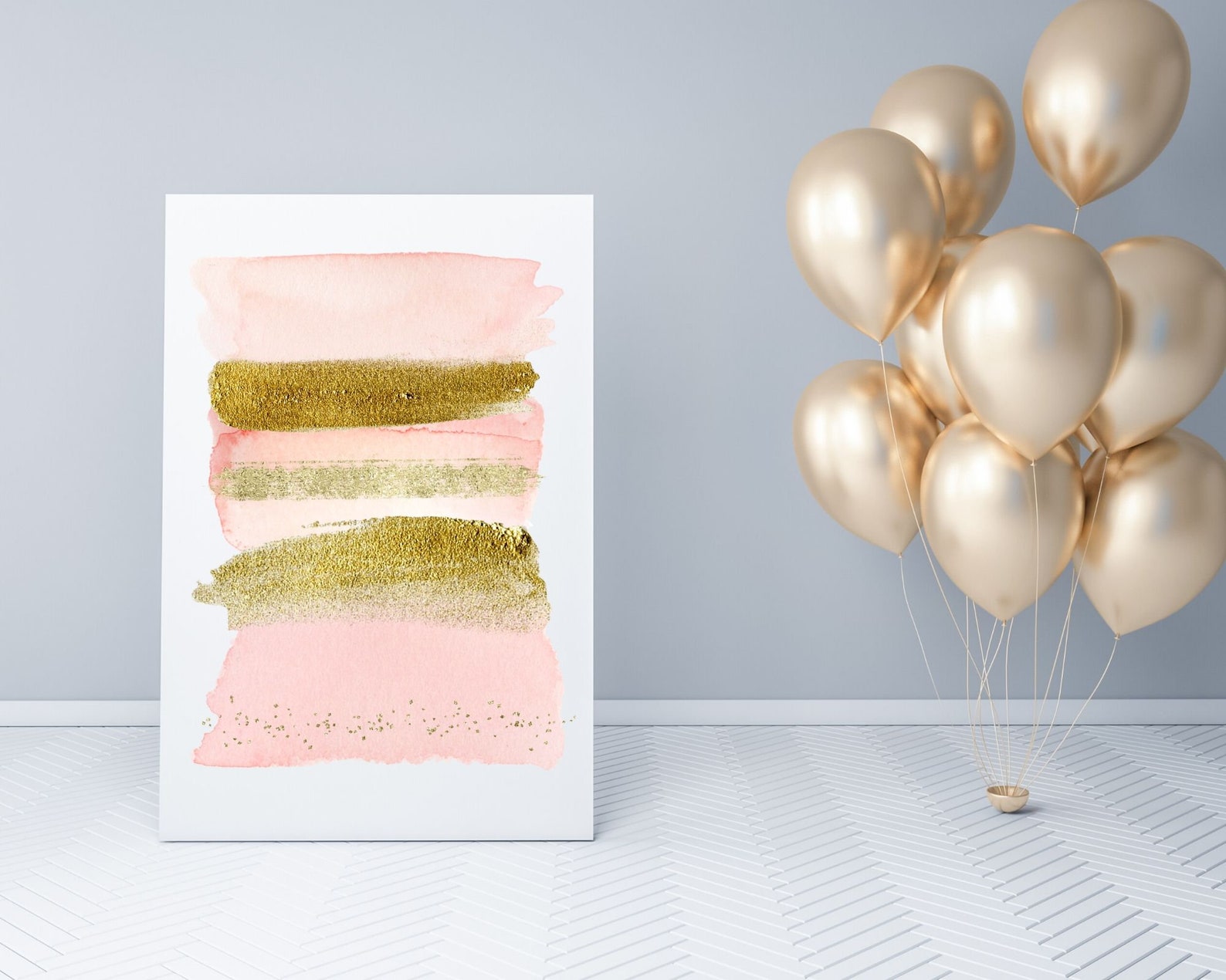 Abstract Pink and Gold Wall Art, Watercolor Brushstrokes Print, Instant ...