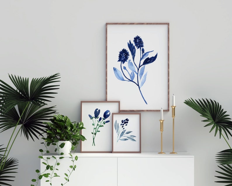 Set of 3 Navy Blue Flower Stems Instant Download Printable Art | Etsy