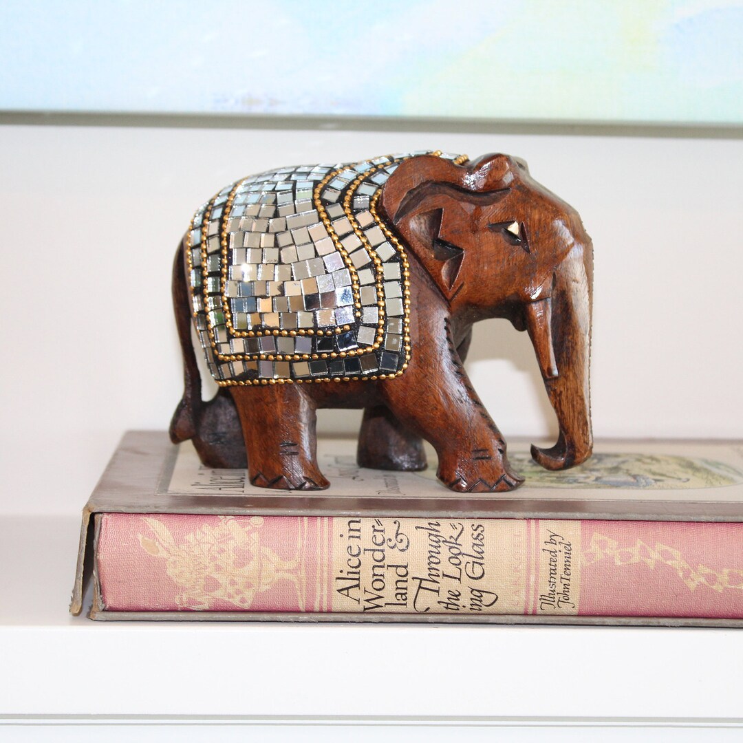 Hand-carved Wooden Elephant Statue With Mirror Mosaic - Etsy