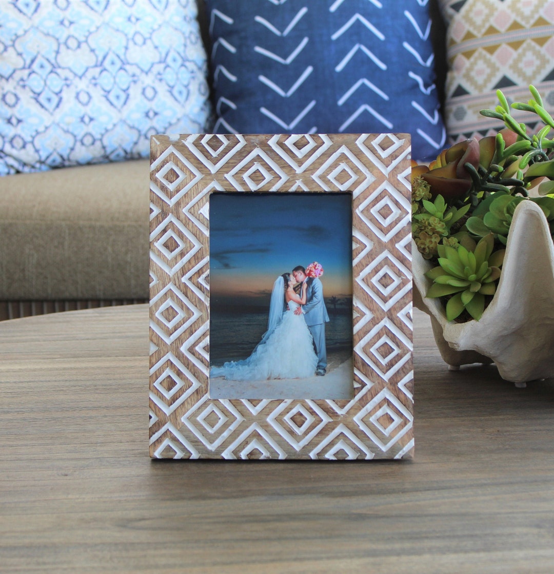Hand Carved Mango Wood Picture Frame: Geometric White Wash, 5x7 - Etsy