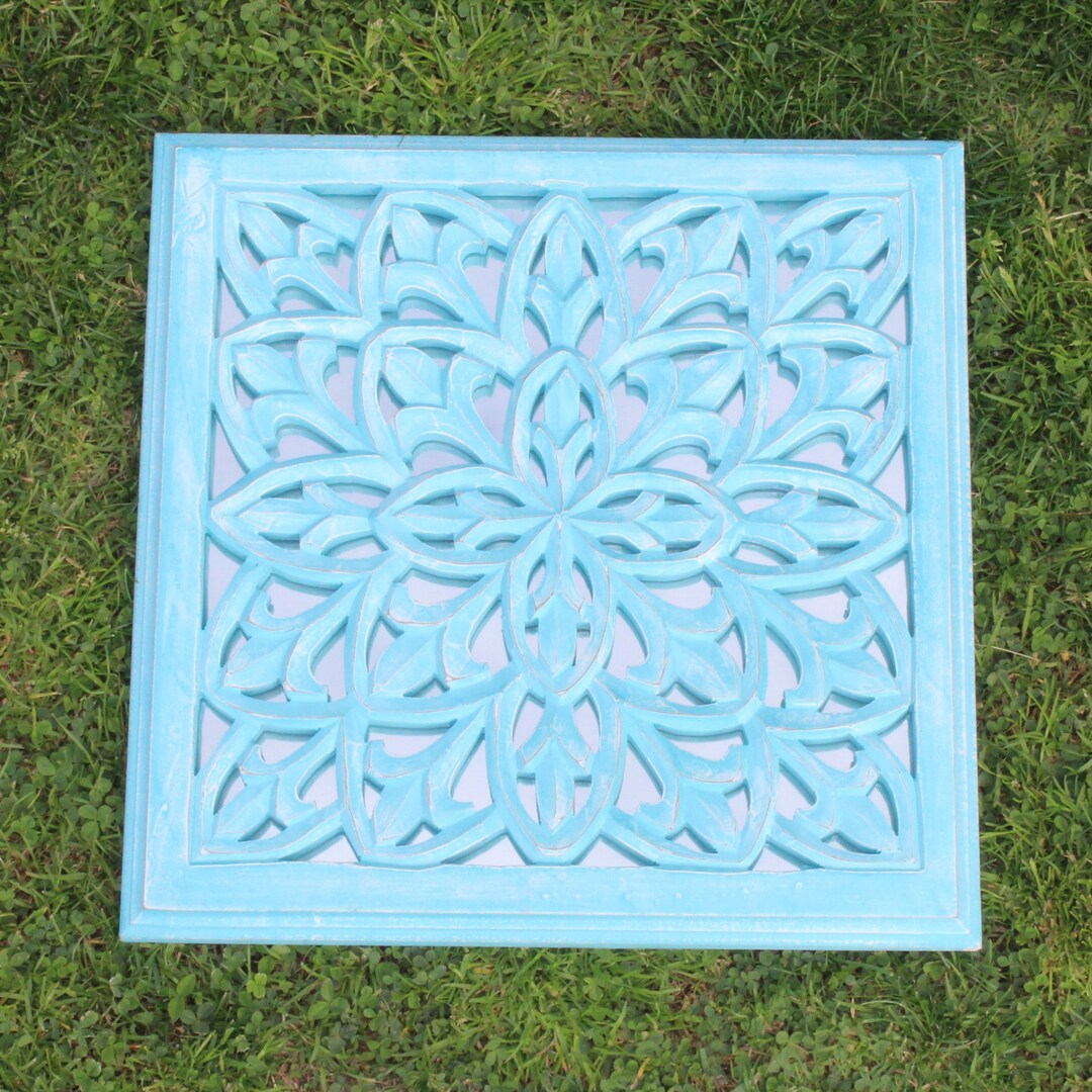 18" Sky Blue Mirrored Wall Panel, Wooden Wall Medallion, Wall Hanging ...