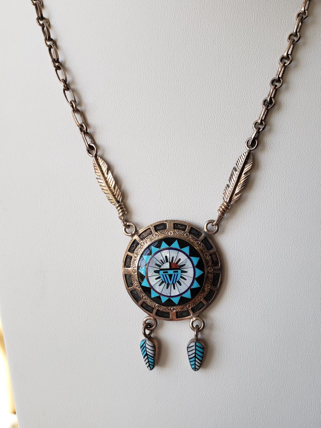 Vintage Navajo Native American ZUNI Sterling Silver Inlay Sun Symbol ...