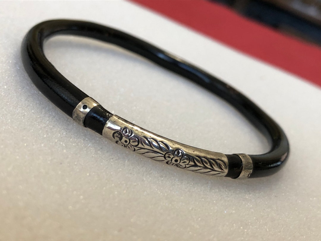 Vintage Chinese Black Lacquer Ebony Wood Sterling Silver Bangle ...