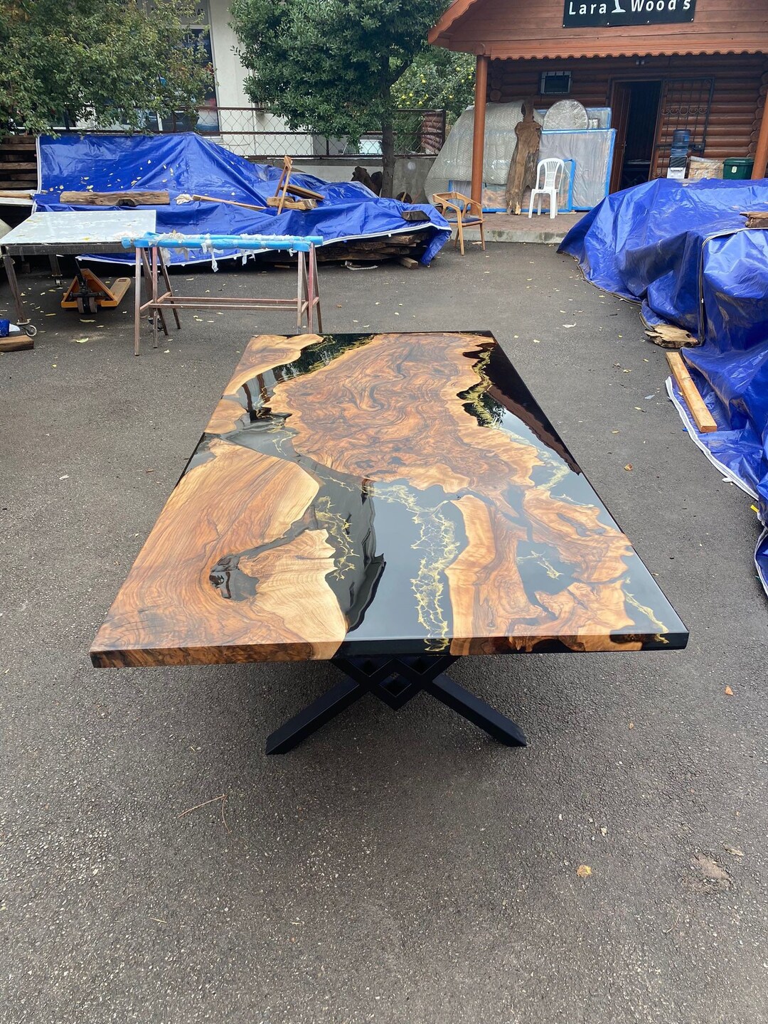 Custom 108” X 48" Walnut Wood Black and Gold Epoxy Table, Walnut Black ...