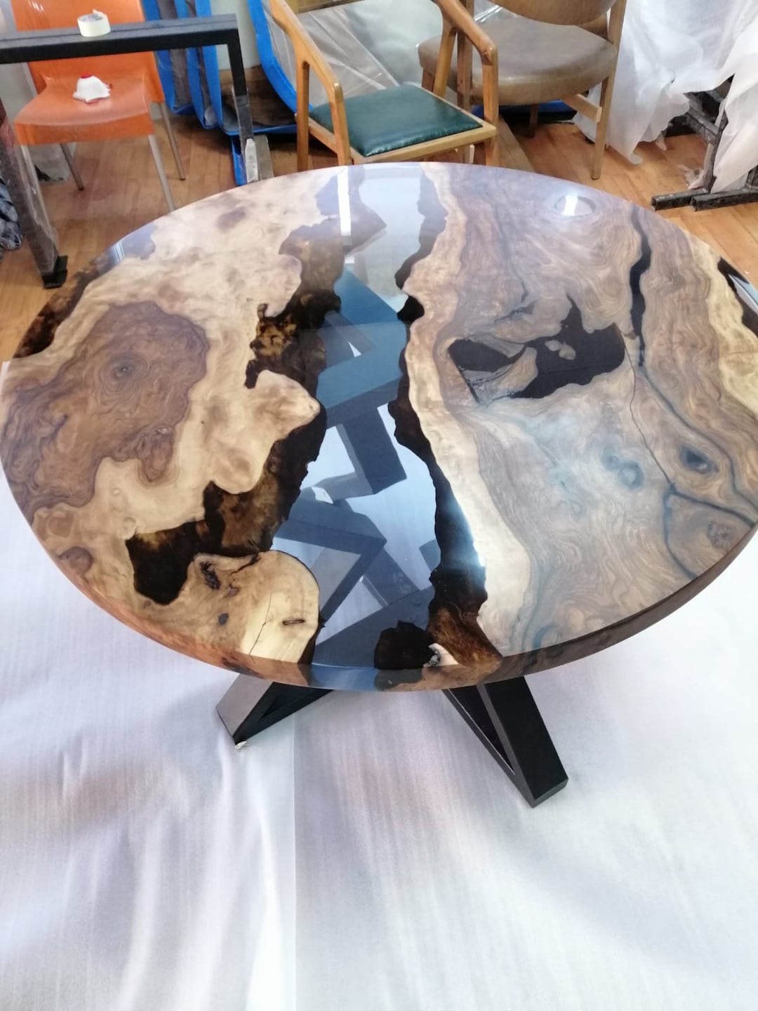 Round Dining Table, Custom 48” Round Walnut Transparent Light Sky Blue ...
